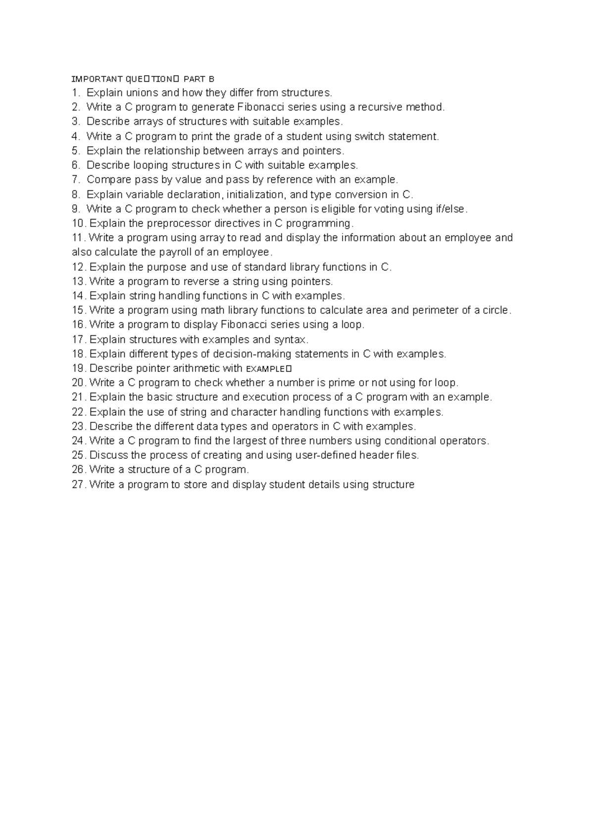 Important Questions Part B: C Programming Concepts and Examples - Studocu