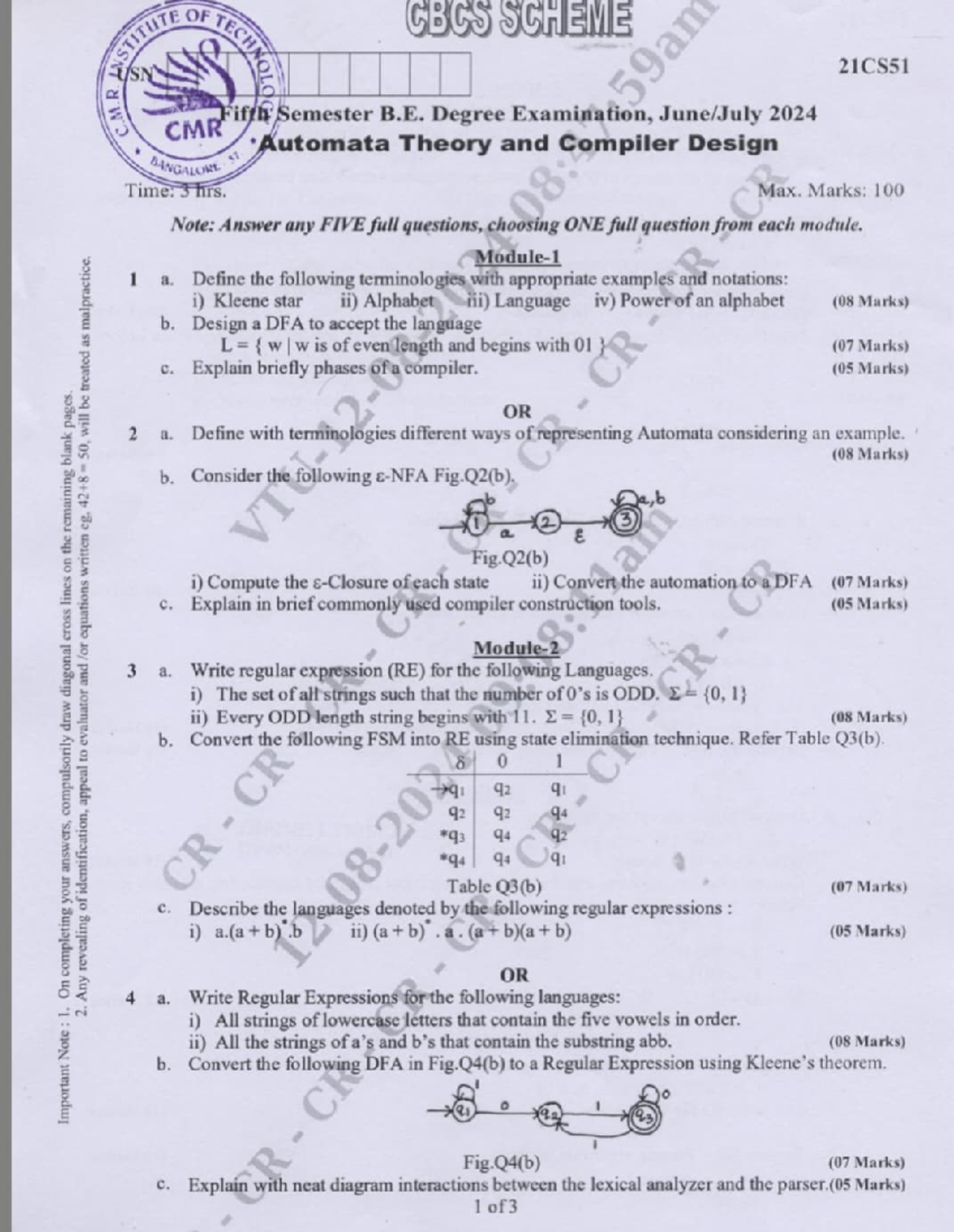 21CS51 Automata Theory & Compiler Design - Fifth Sem Exam Paper 2024 - Studocu