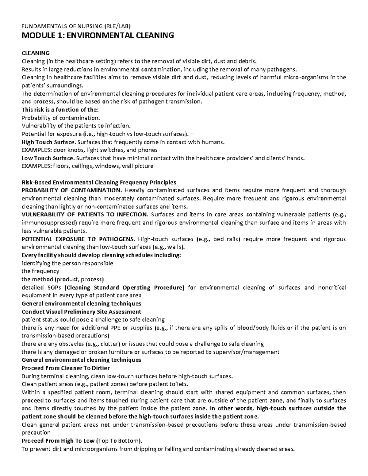 FUNDAMENTALS OF NURSING MODULE 1: ENVIRONMENTAL CLEANING GUIDELINES ...