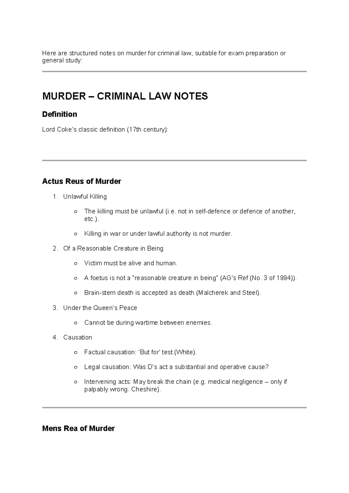 MURDER CRIMINAL LAW NOTES: Key Concepts & Case Law for Exam Prep - Studocu