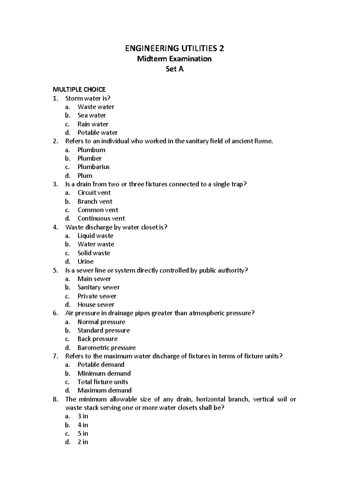 Midterm Exam - Engineering Utilities 2: Set A Questions and Answers ...