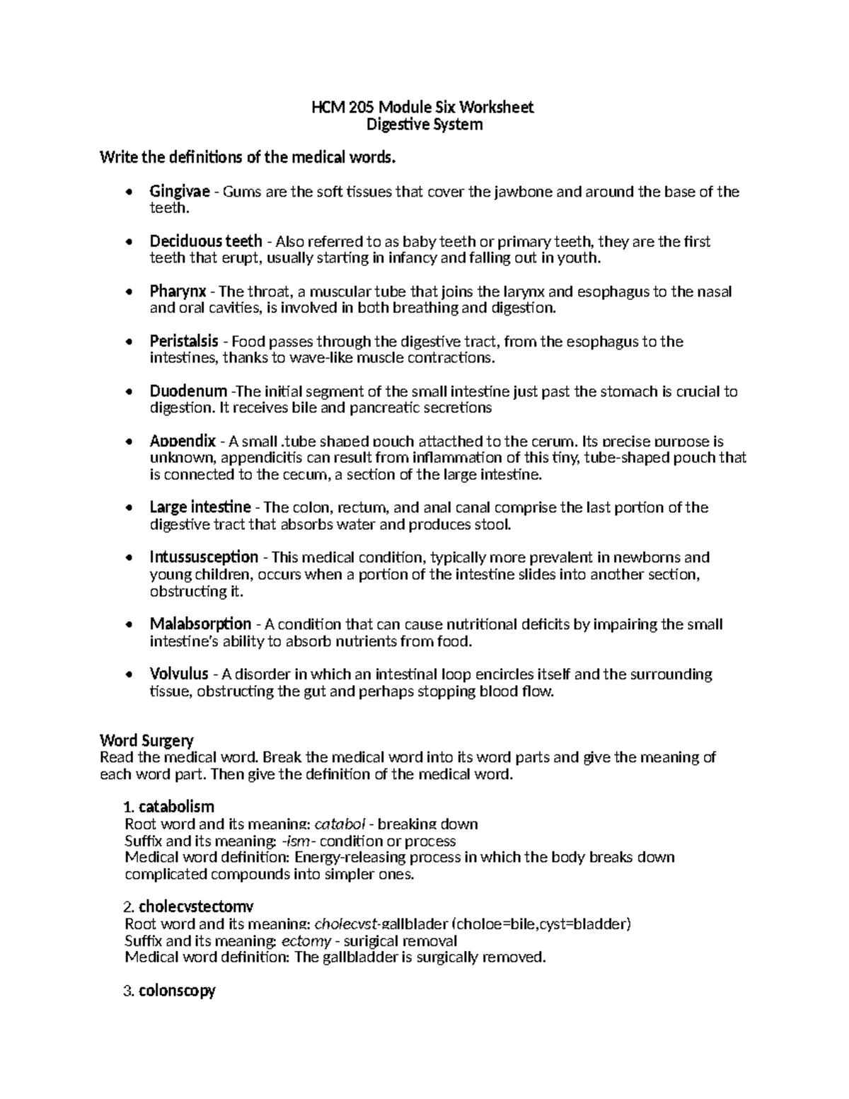 HCM 205 Module 6 Worksheet: Digestive System Medical Terms Definitions ...