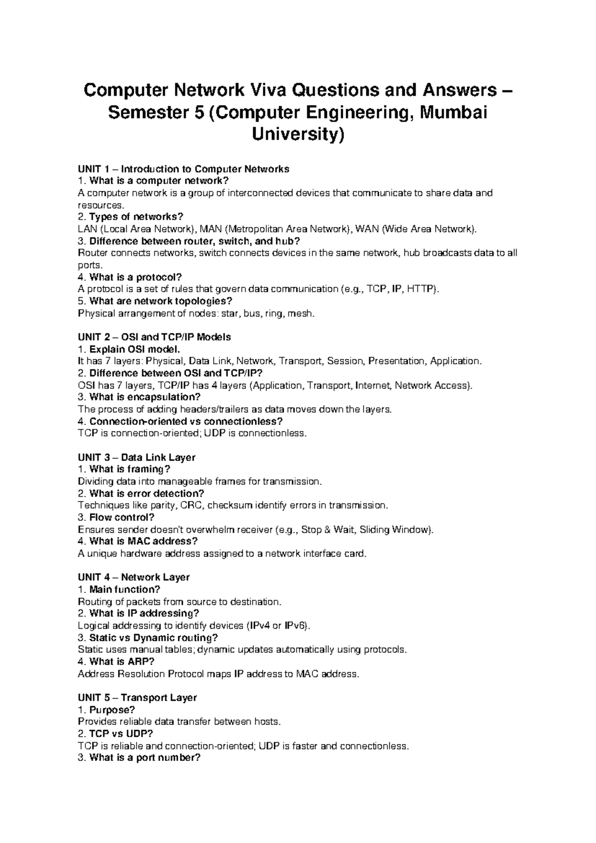 Computer Network Viva Questions & Answers Sem 5 (Comp Engg) - Studocu