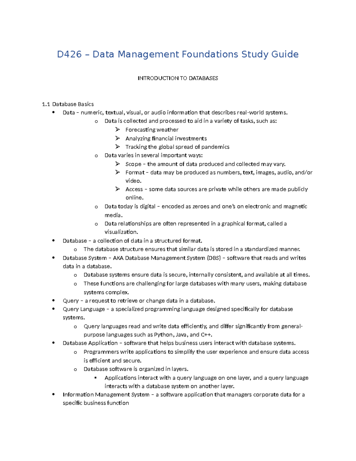 D426 – Data Management Foundations Study Guide: Database Concepts - Studocu