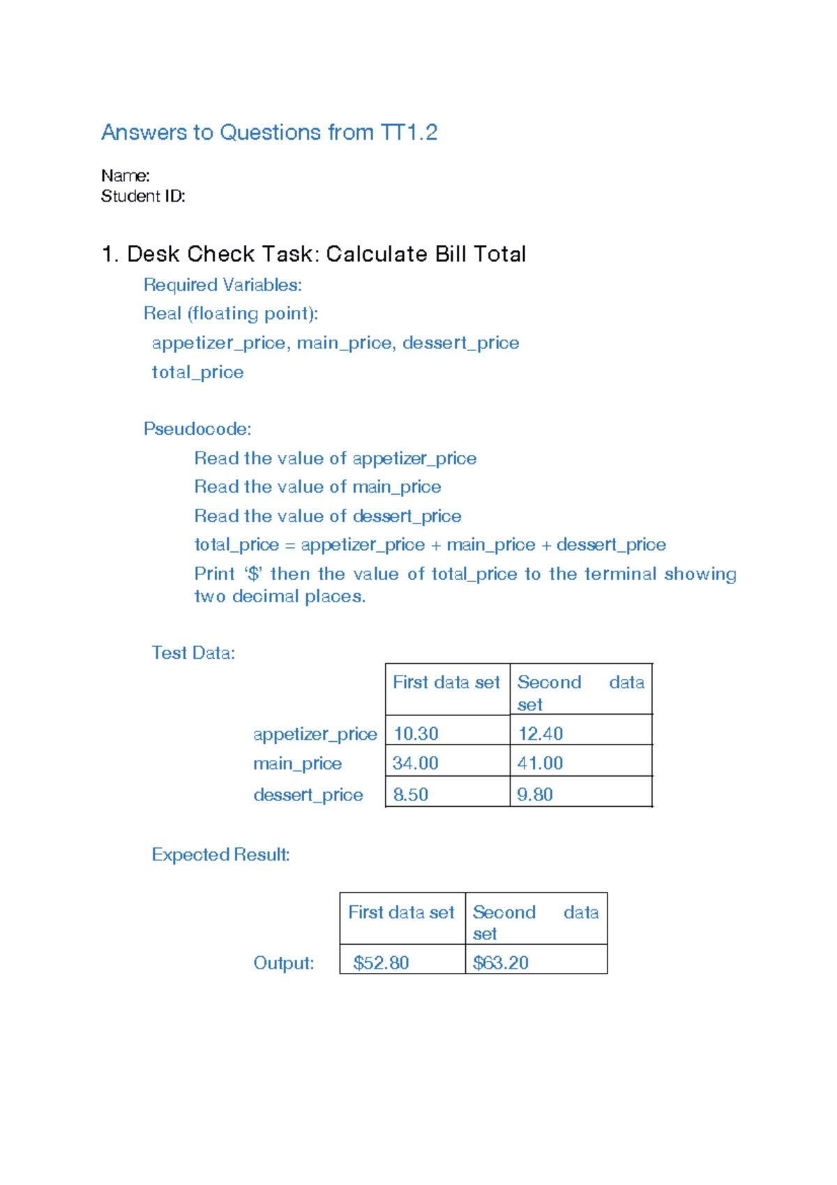 Tutorial Task 1.2 - Bill Total Calculation Answers - Studocu