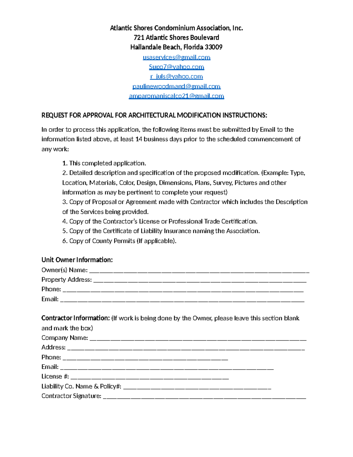 Architectural Modification Request Form for Atlantic Shores Condo - Studocu