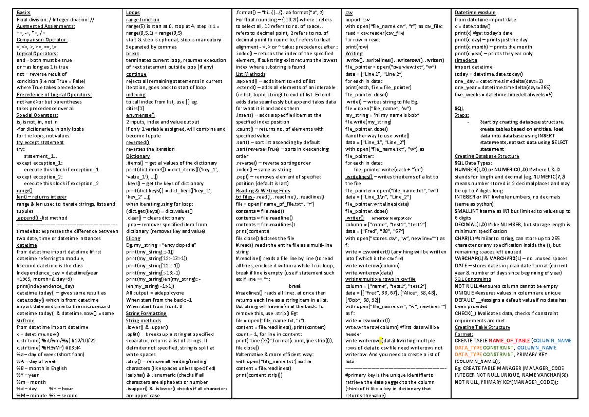 Python Cheat Sheet: Basics of Operators, Loops, and Data Handling - Studocu