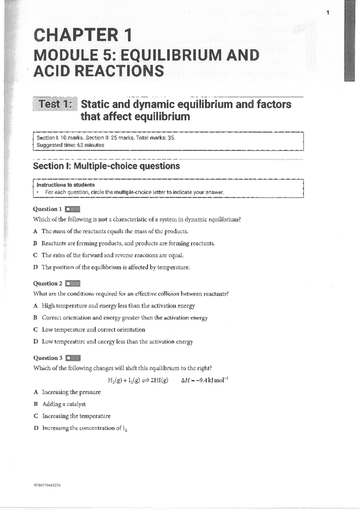 HSC Year 12 Chemistry: Module 5 Equilibrium & Acid Reactions Test ...