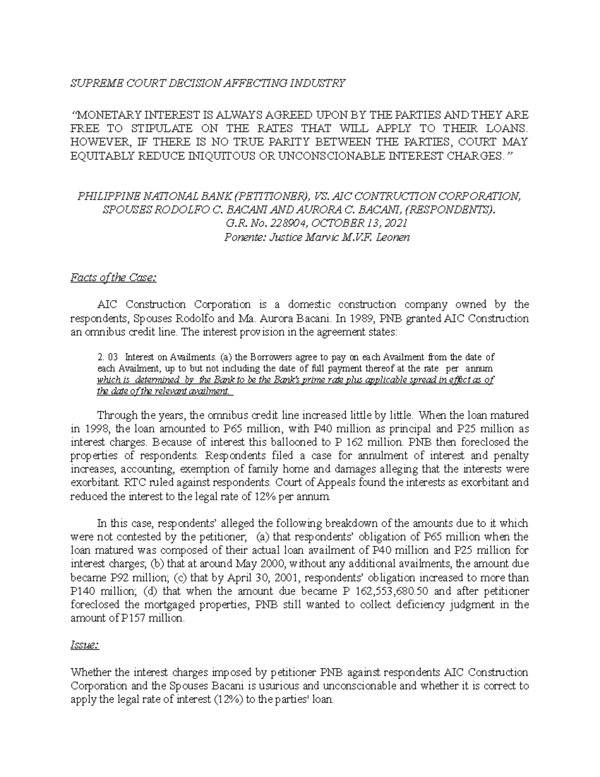 PHILIPPINE NATIONAL BANK (PETITIONER), VS. AIC CONTRUCTION CORPORATION ...