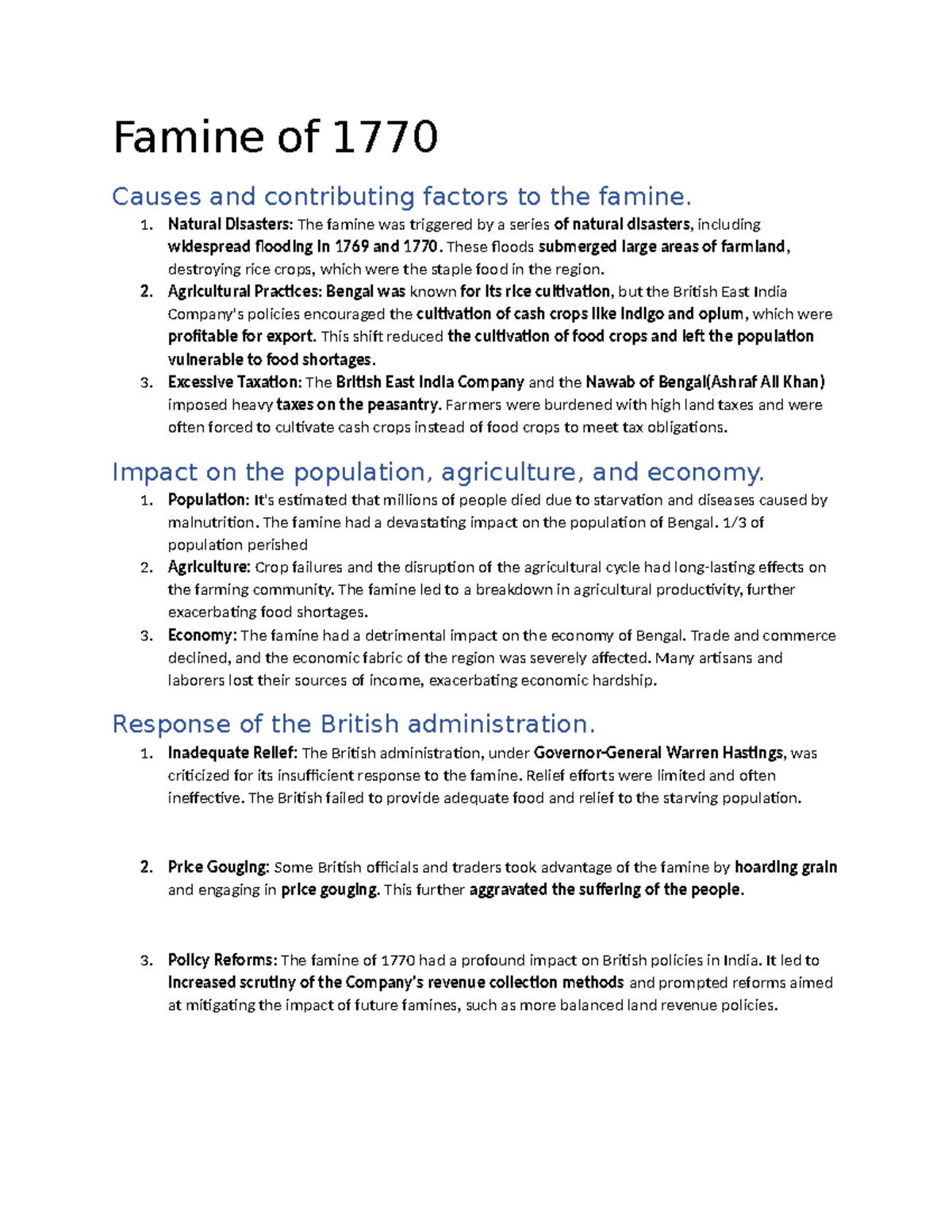 The 1770 Famine: Causes, Impacts, and British Response Analysis - Studocu