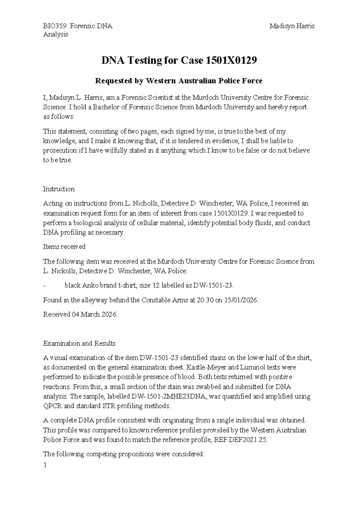 BIO359: Forensic DNA Analysis Case Report for 1501X0129 - Studocu