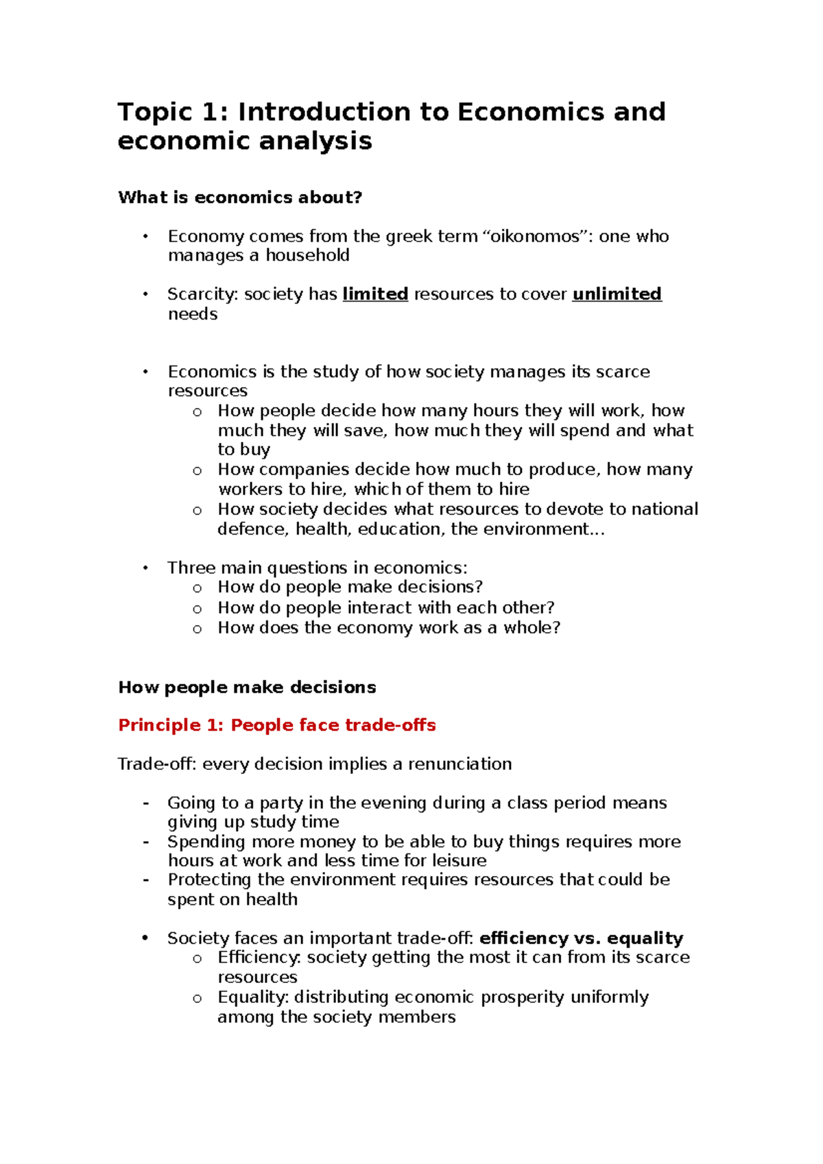 Topic 1 - Fundamentals of Economics: Study Notes - Studocu