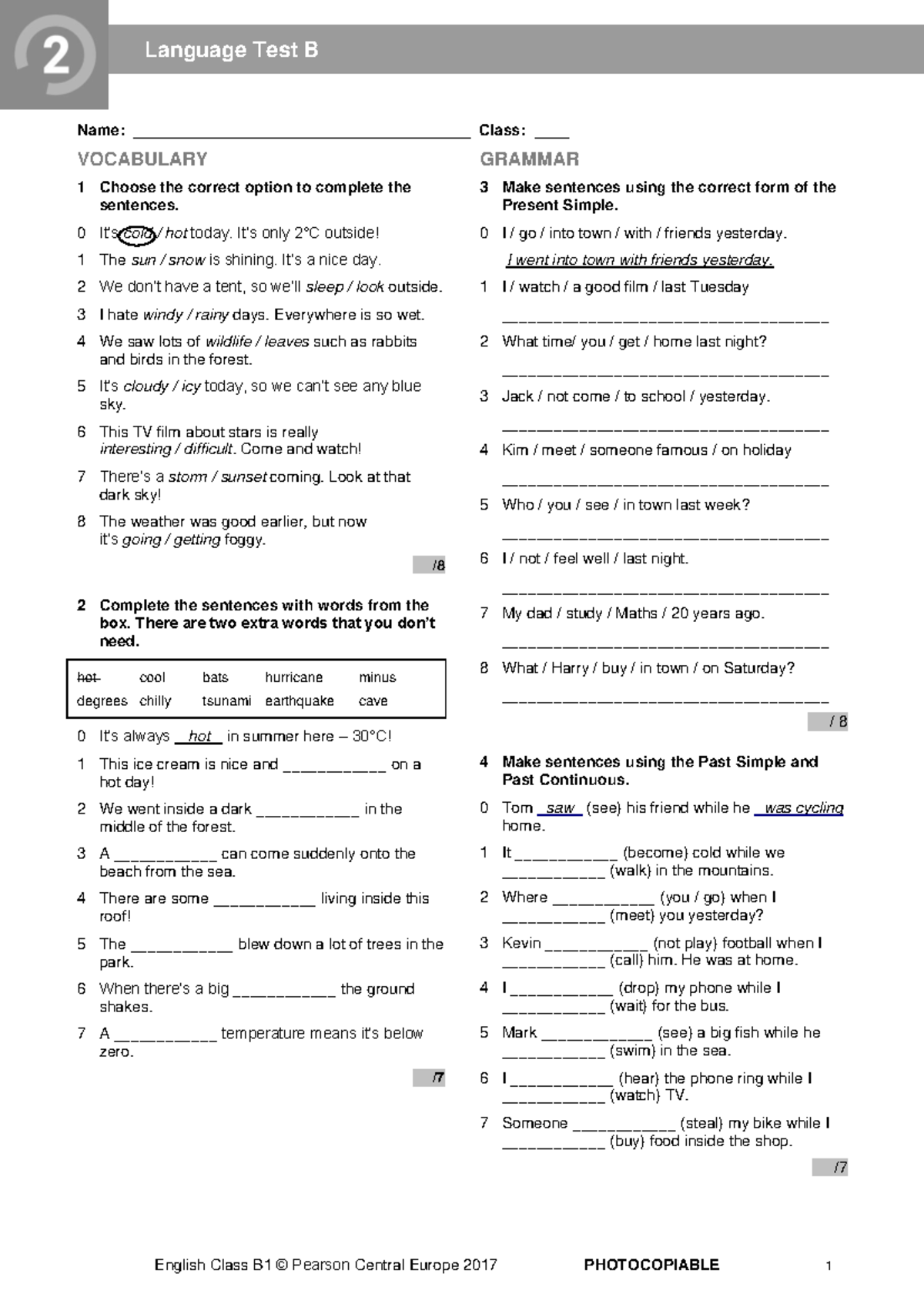 B1 Language Test 2B - Vocabulary and Grammar Exercises - Studocu