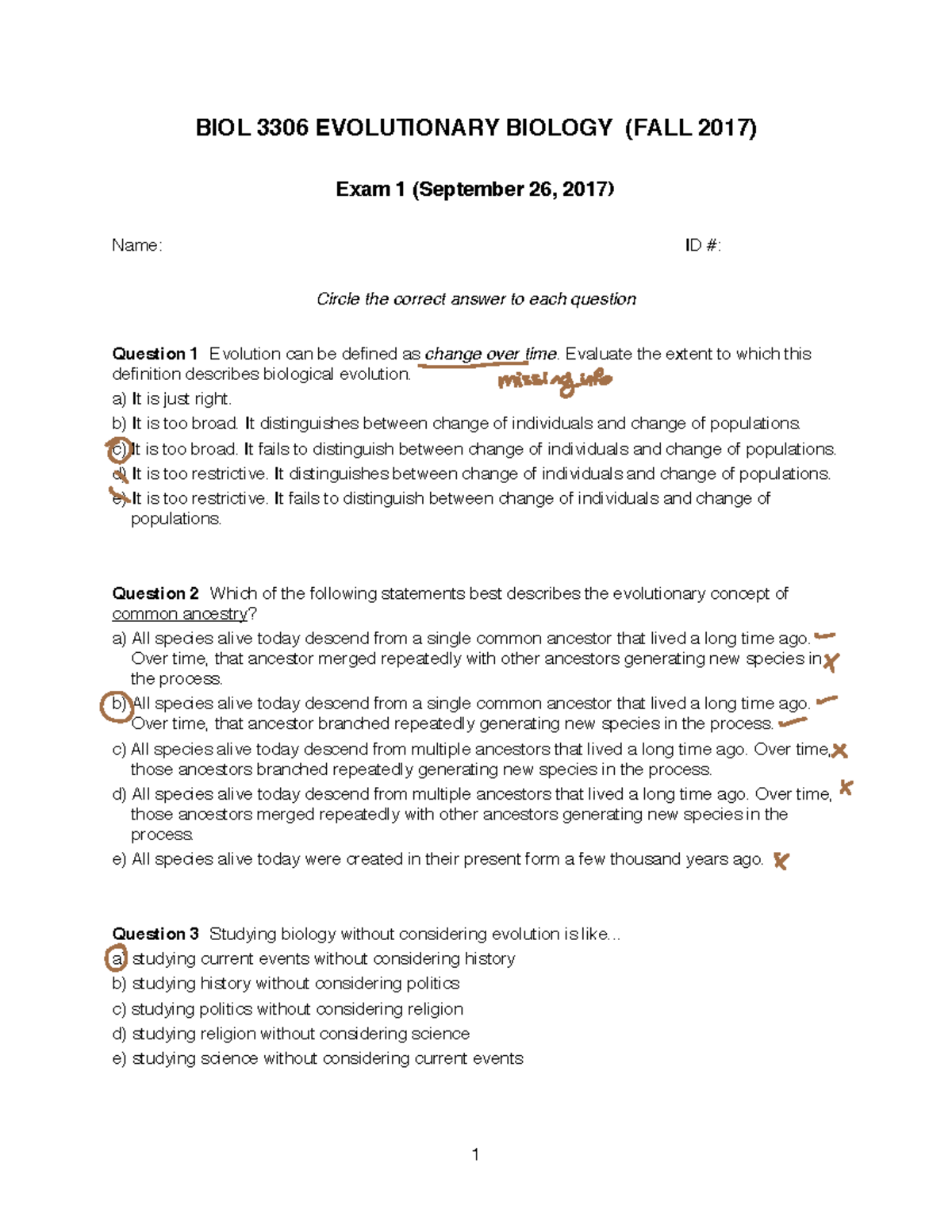 BIOL 3306 EVOLUTIONARY BIOLOGY Exam 1 Practice Questions (FALL 2017 ...