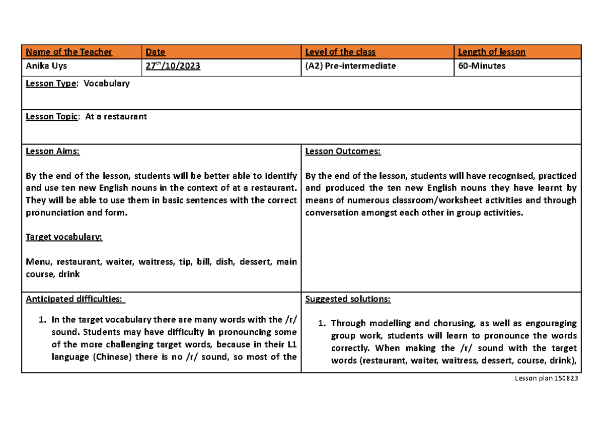 A2 Vocabulary Lesson Plan: At the Restaurant - Assignment 1 - Studocu