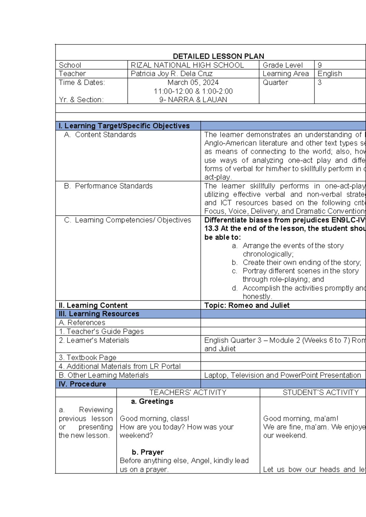 DLP- Romeo & Juliet – Comprehensive Lesson Plan for Grade 9 - Studocu