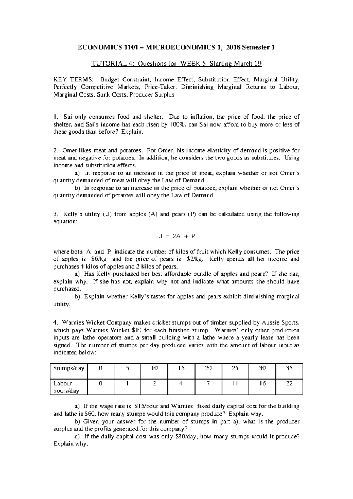 Tute4 Wk5 - Tutorial work for week 5 - ECONOMICS 1101 – MICROECONOMICS ...