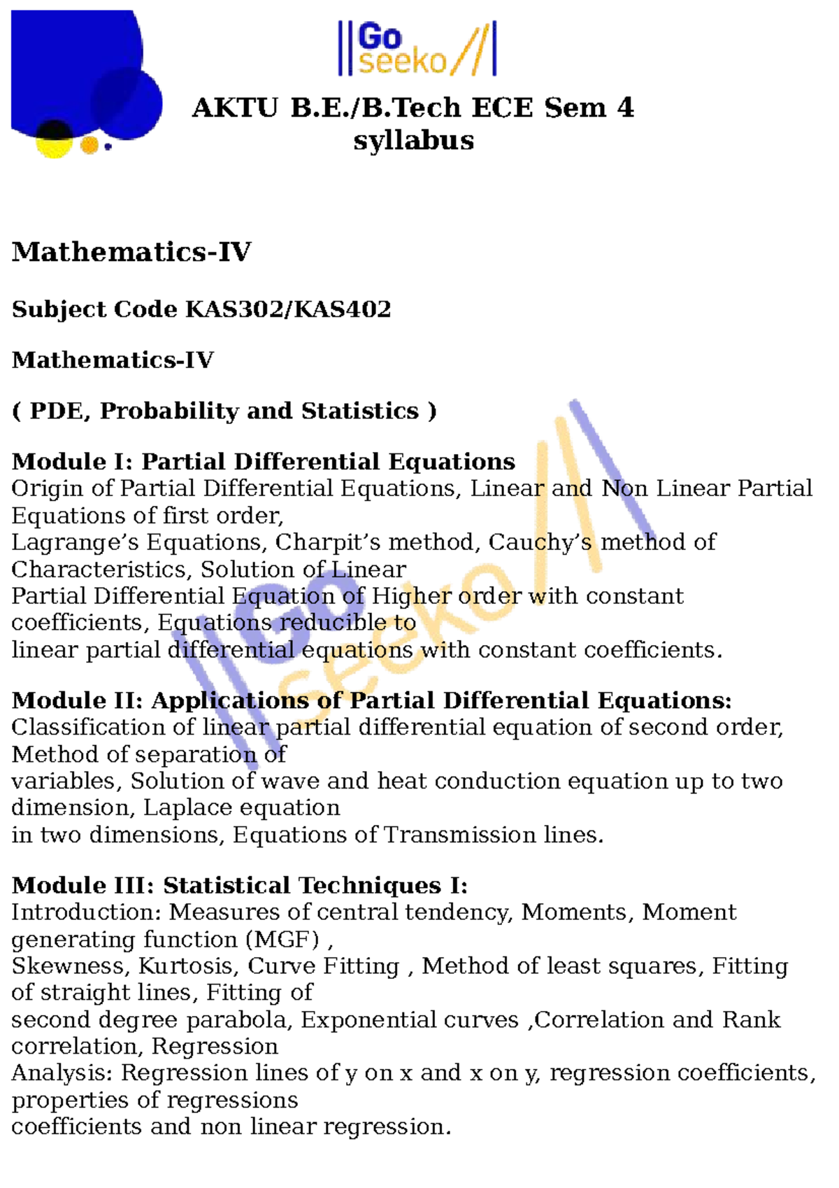 AKTU ECE Sem 4 Syllabus: PDE, Probability & Statistics Overview - Studocu