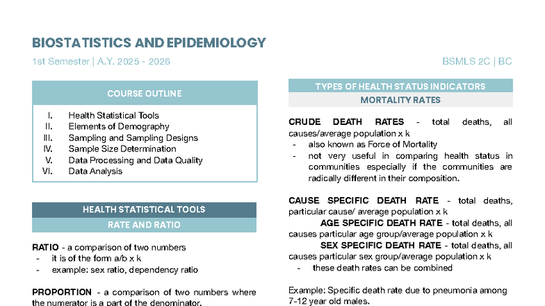 Biostatistics and Epidemiology Midterm Review - BSMLS 2C BC - Studocu