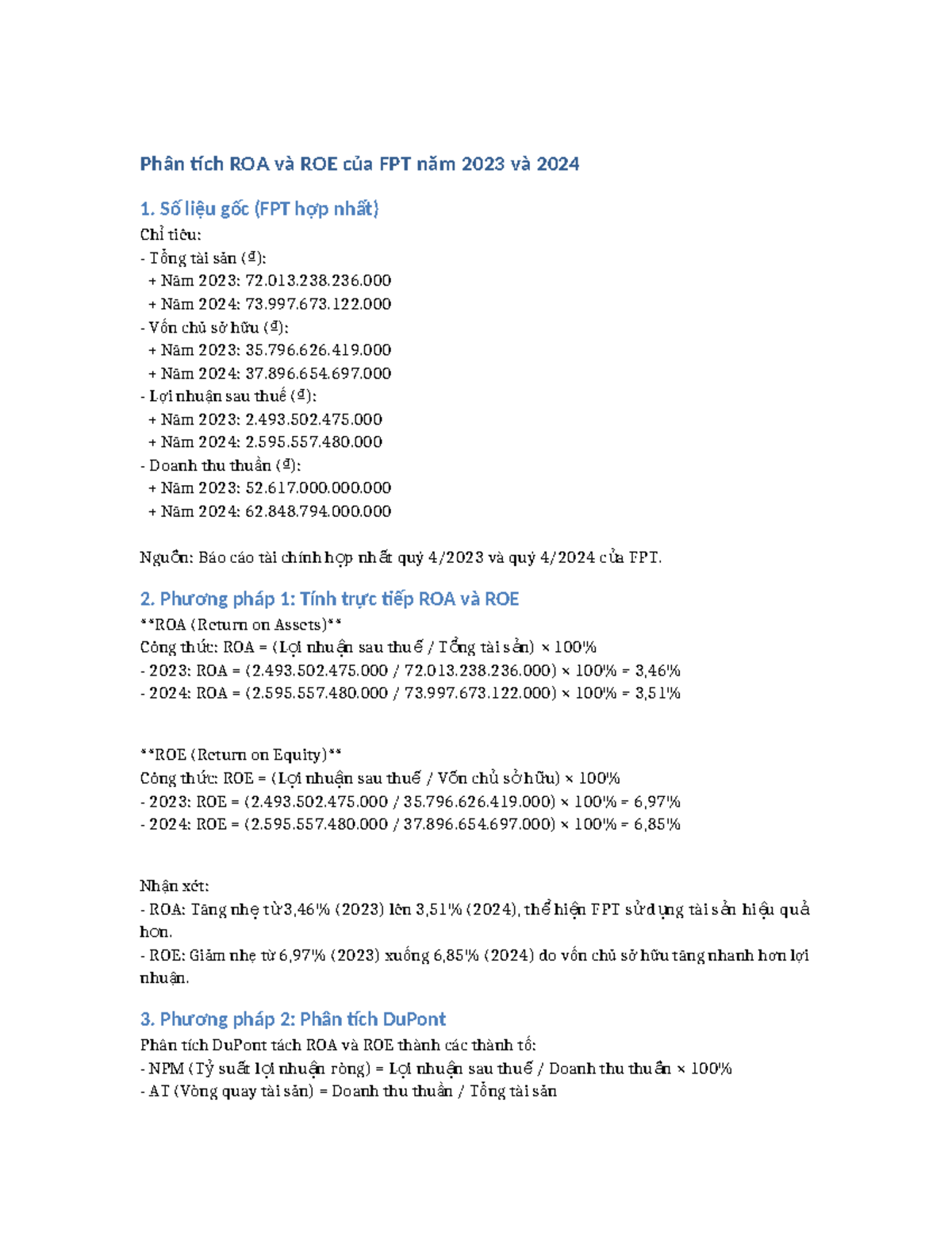 Phân tích ROA và ROE của FPT năm 2023-2024: Báo cáo tài chính - Studocu