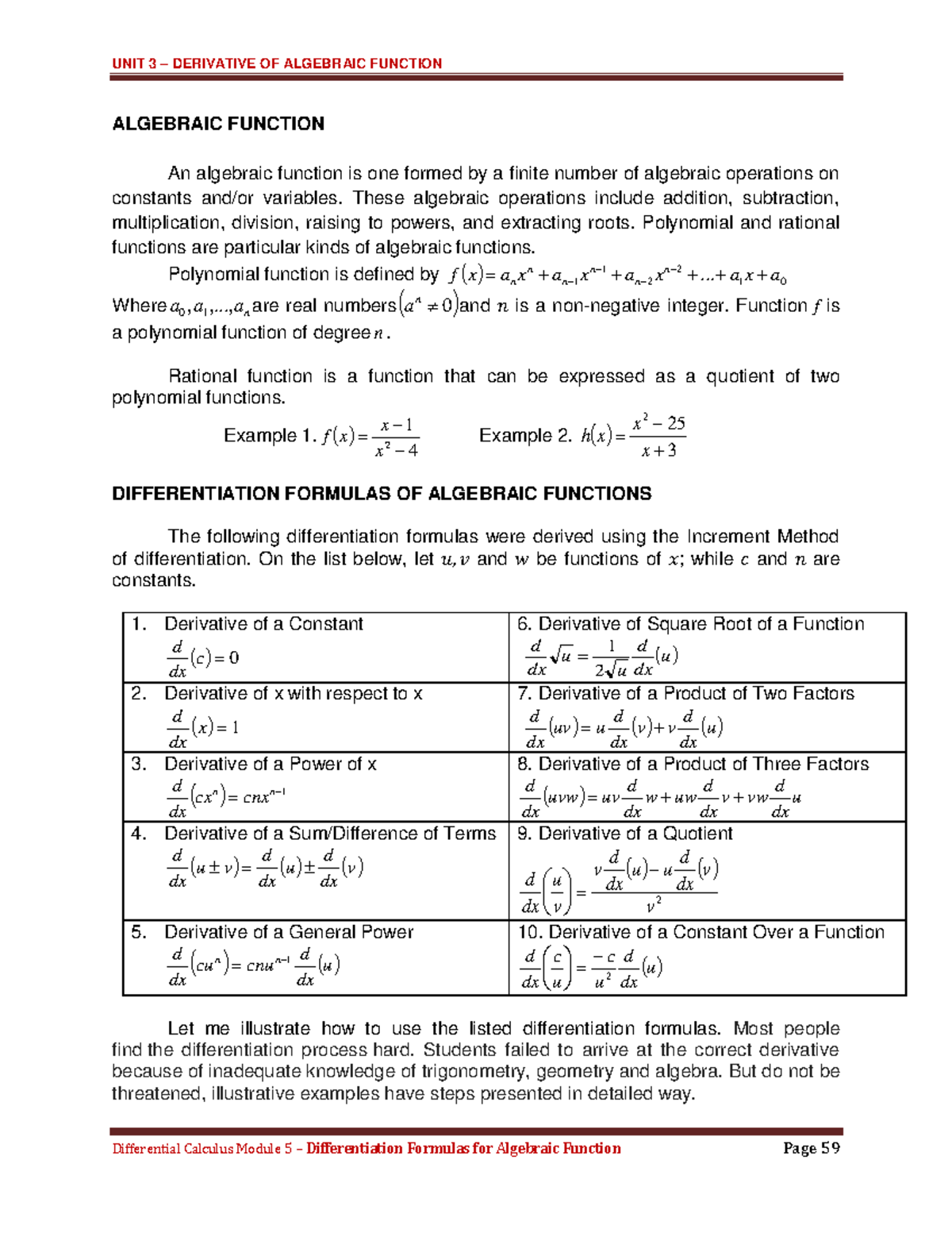 UNIT 3 Module 5 - Derivatives of Algebraic Functions Explained - Studocu