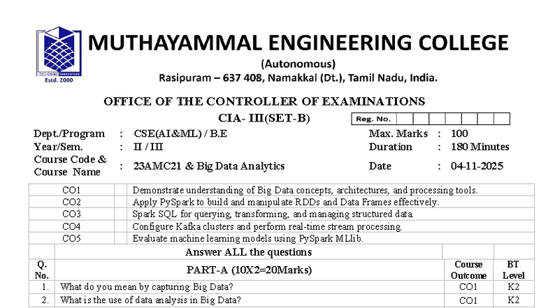 B.E. II - 23AMC21 Big Data Analytics Exam Questions & Concepts - Studocu