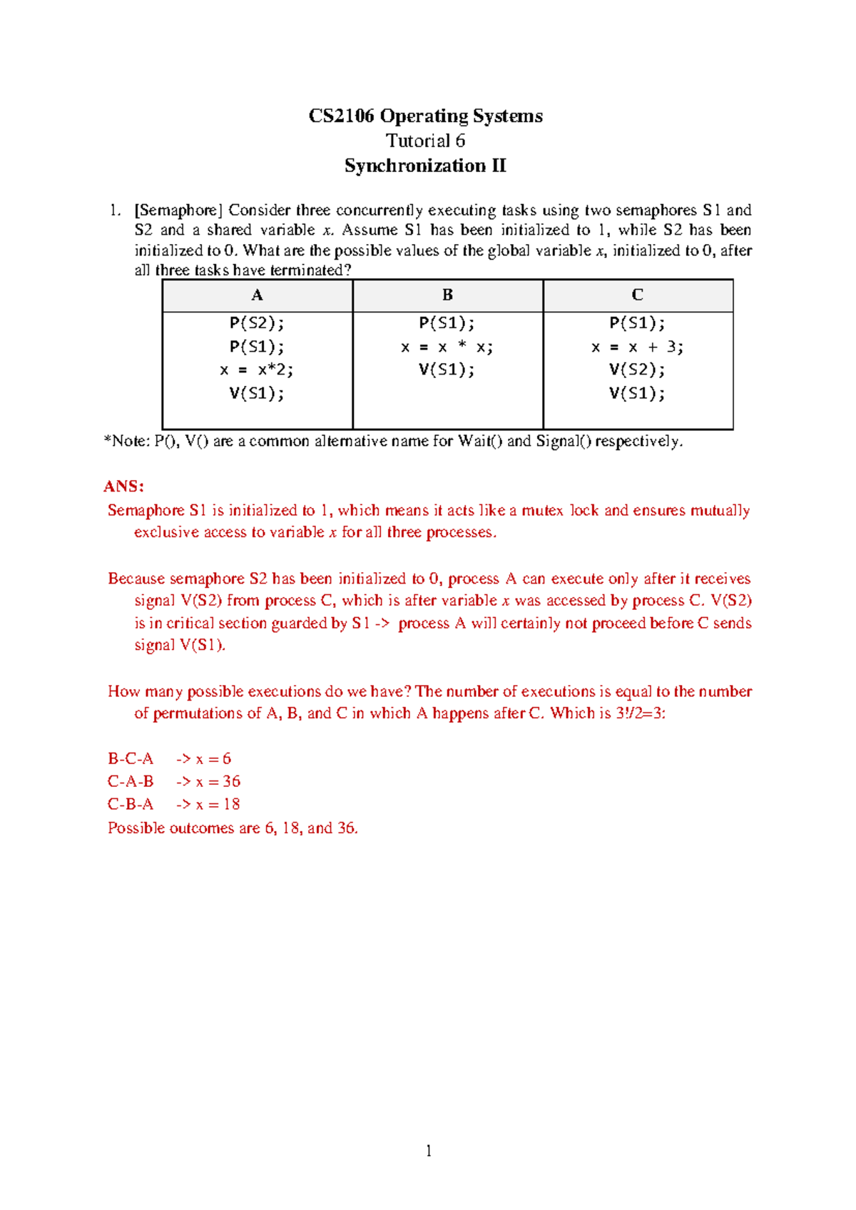 cs2106 tutorial 6 - CS2106 Operating Systems Tutorial 6 Synchronization II 1. [Semaphore ...