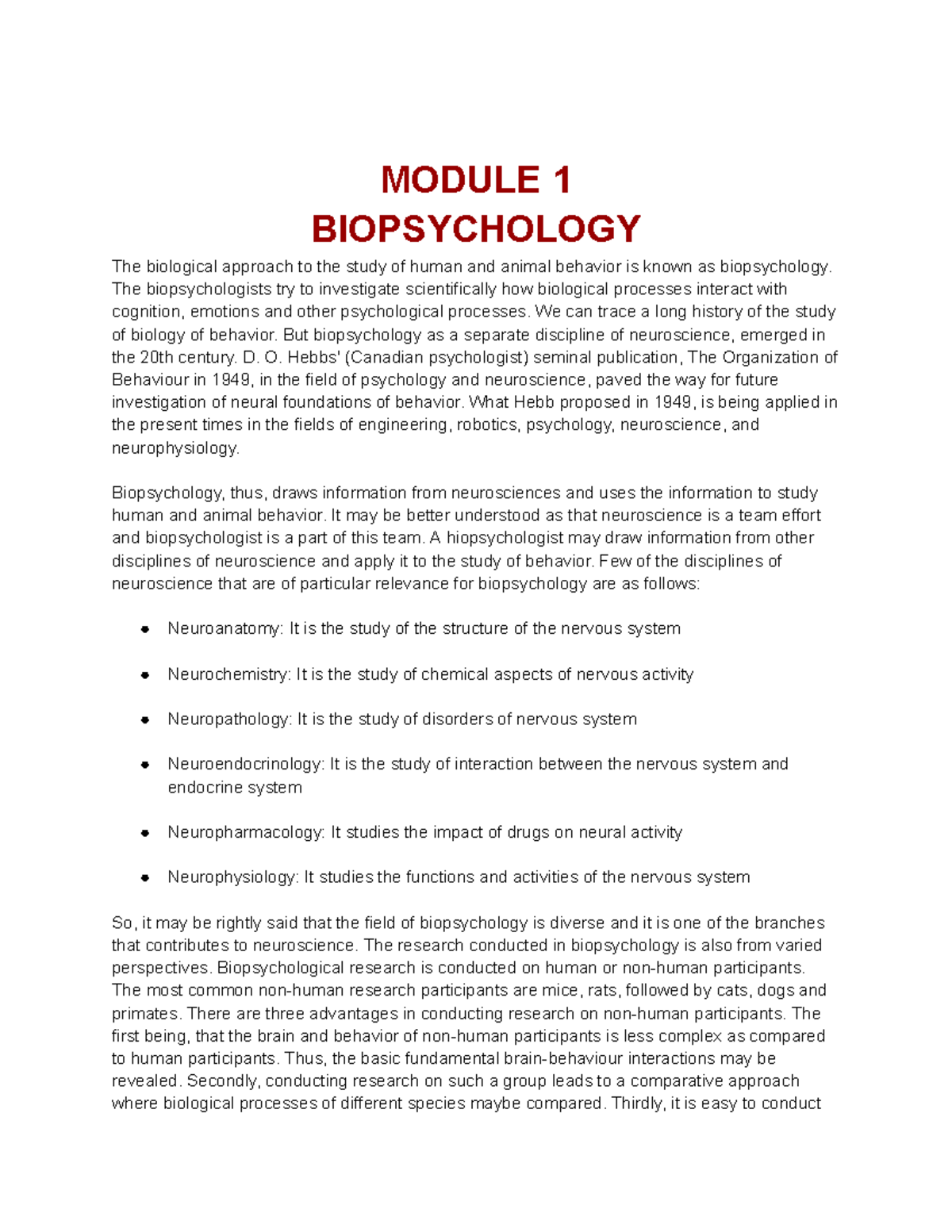 MODULE 1: BIOPSYCHOLOGY - Understanding Biological Influences on ...