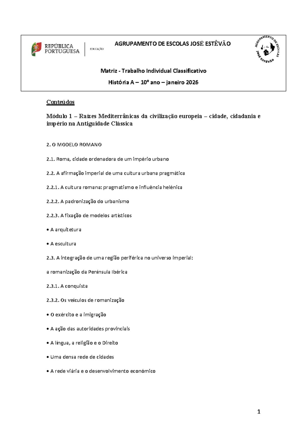 Matriz Trabalho Individual Classificativo História A 10º Ano - Janeiro ...