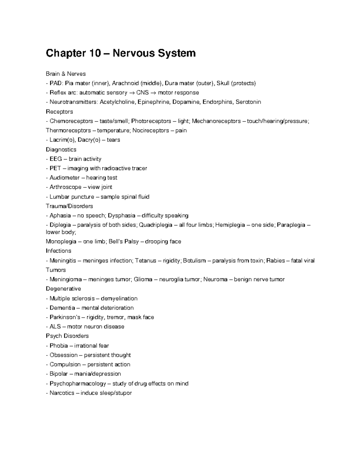 Nervous System Overview: Key Concepts and Disorders (BIOL 101) - Studocu