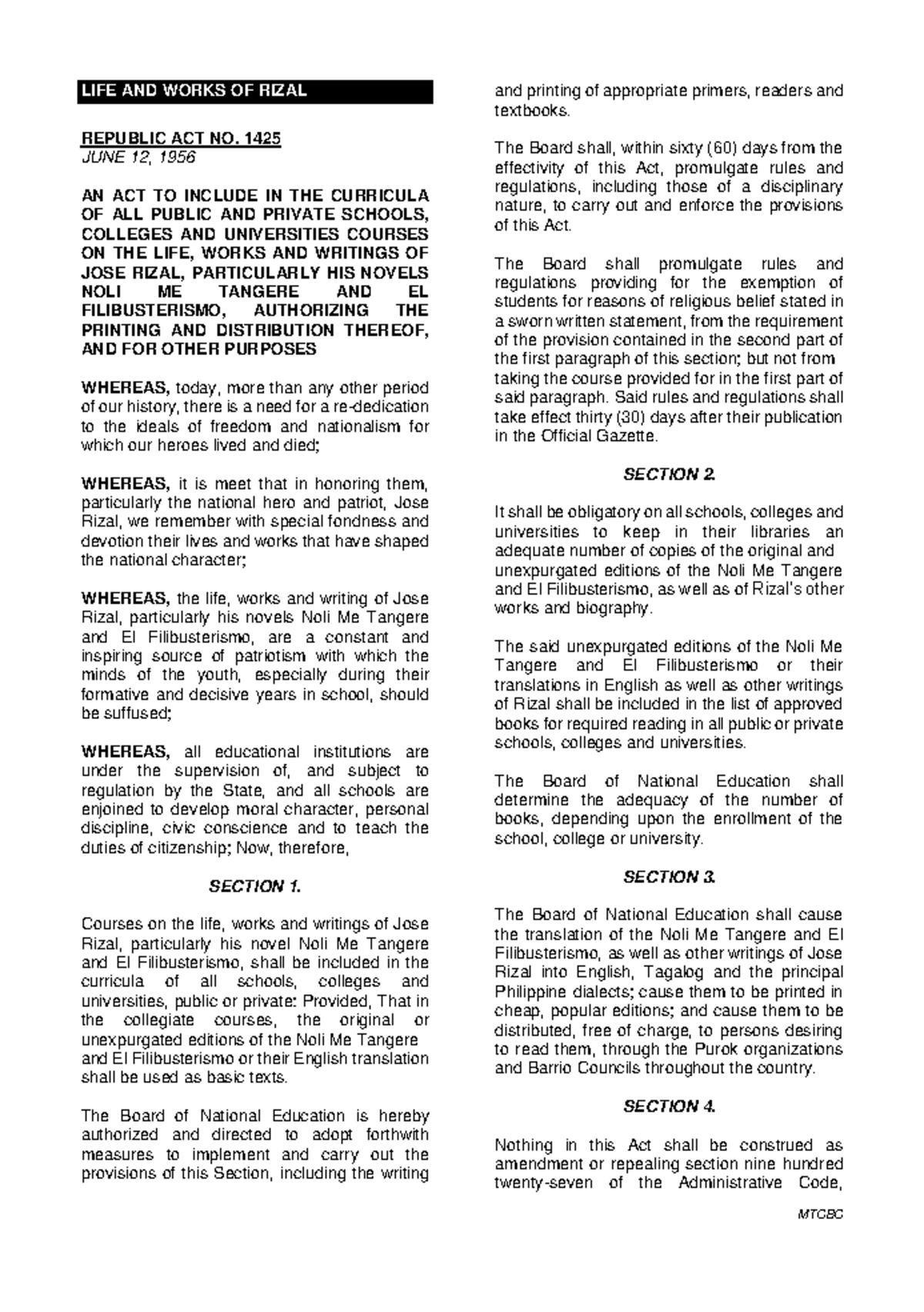 01 RA 1425 - It is about rizal law - MTCBC LIFE AND WORKS OF RIZAL ...