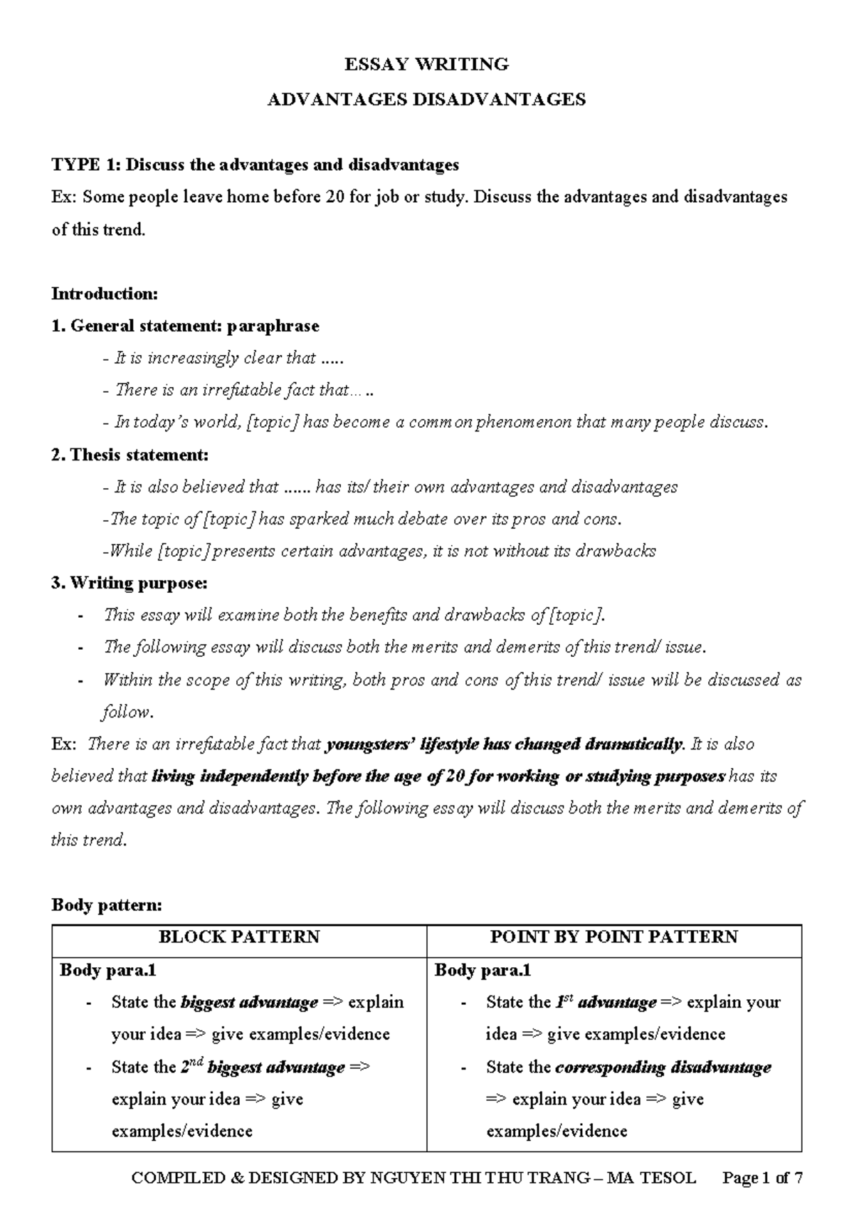 Advan- Disadvan - Essay - ESSAY WRITING ADVANTAGES DISADVANTAGES TYPE 1 ...