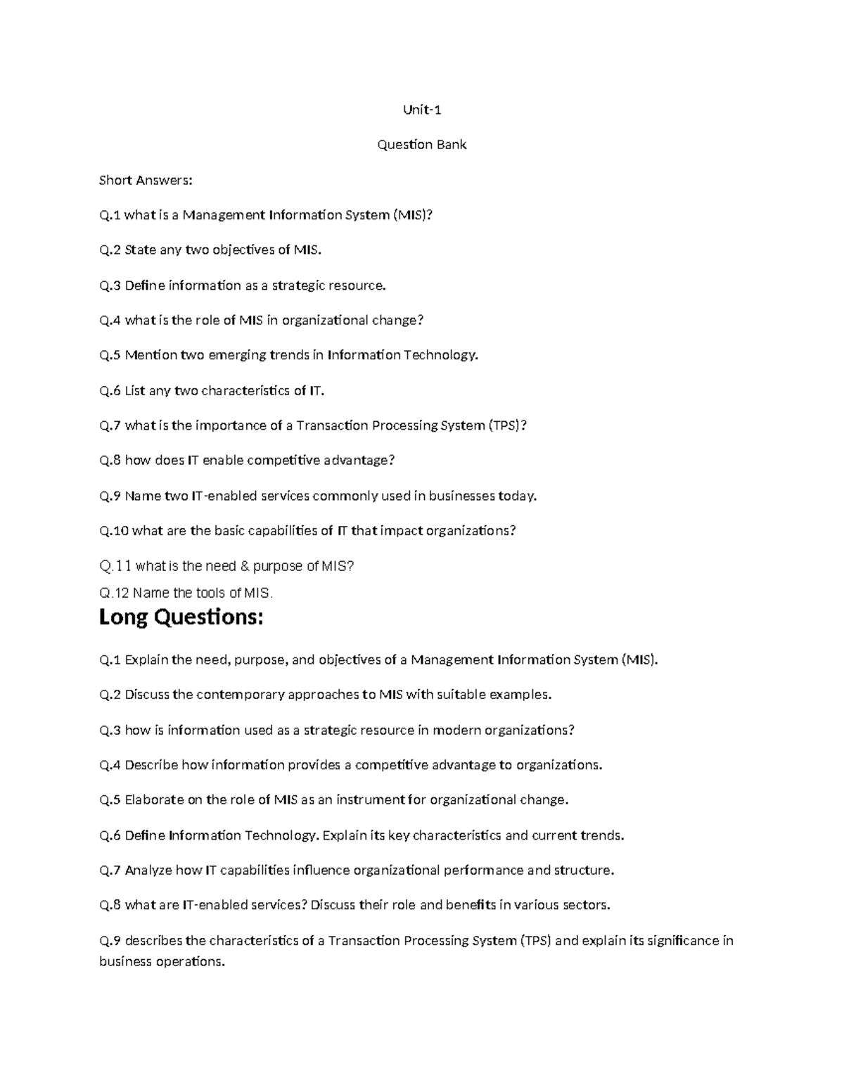 Unit-1 QB: Management Information Systems (MIS) Short & Long Answers ...