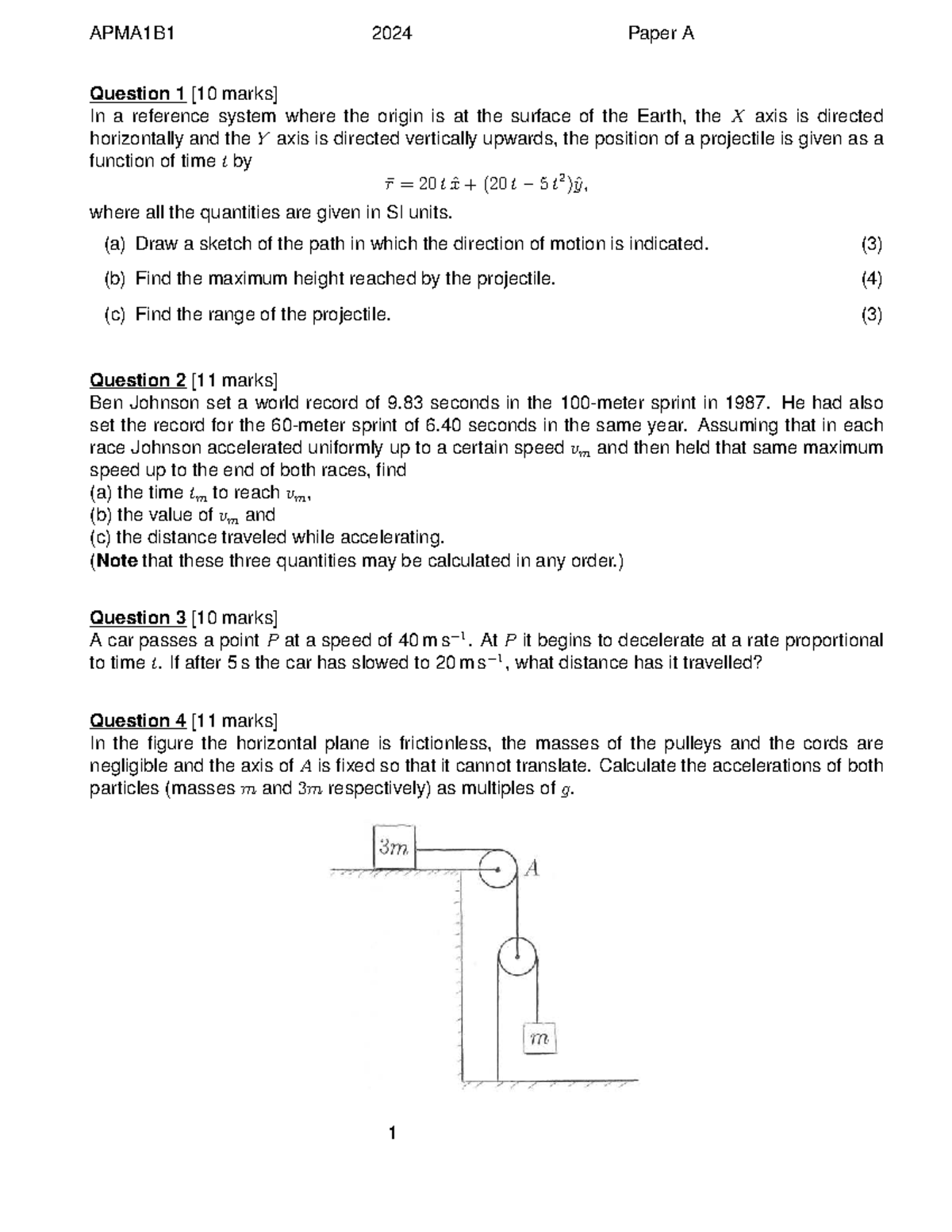 APMA1B1 2024 Test 1: Projectile Motion & Acceleration Problems - Studocu