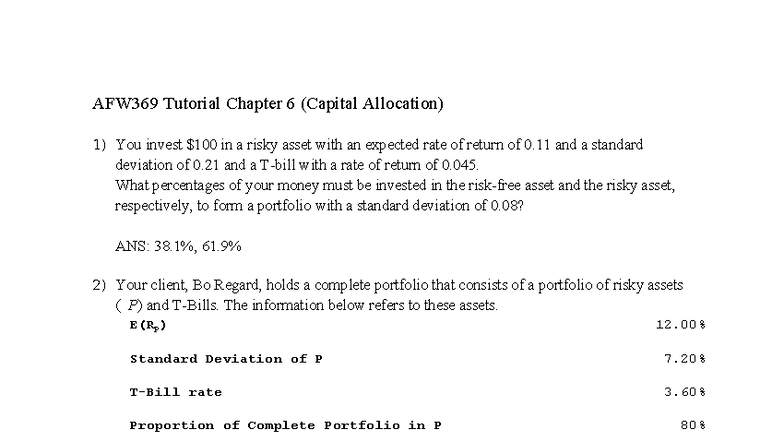 AFW369 Tutorial: Capital Allocation & Portfolio Analysis - Studocu