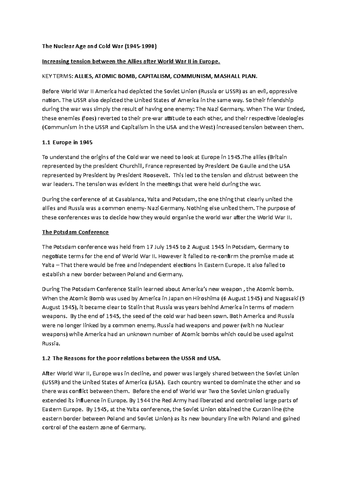 Grade 9 Term 2: Insights into the Nuclear Age & Cold War Dynamics - Studocu