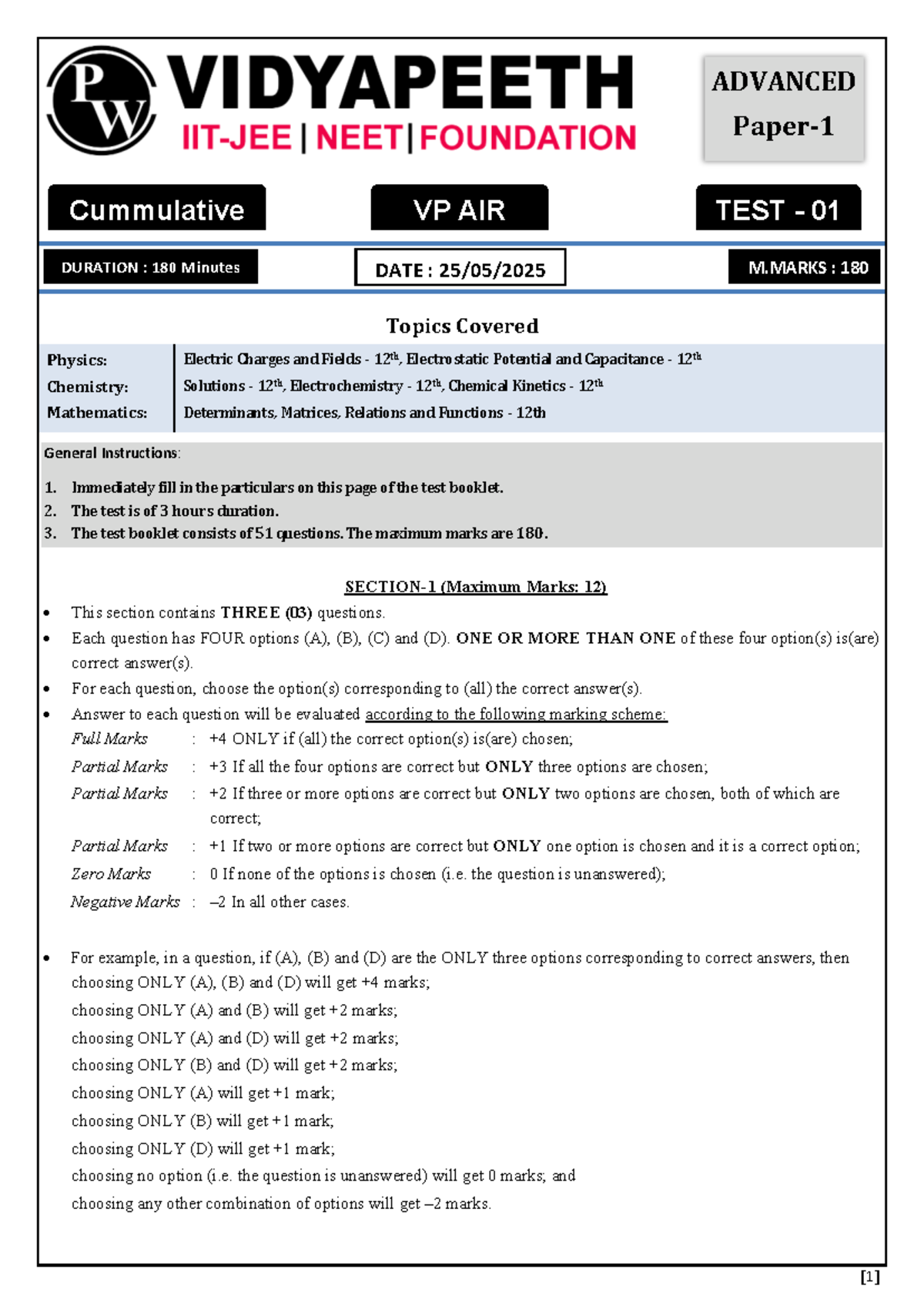 ADVANCED Cumulative VP AIR TEST 01 - Paper 1: Questions & Answer Key ...