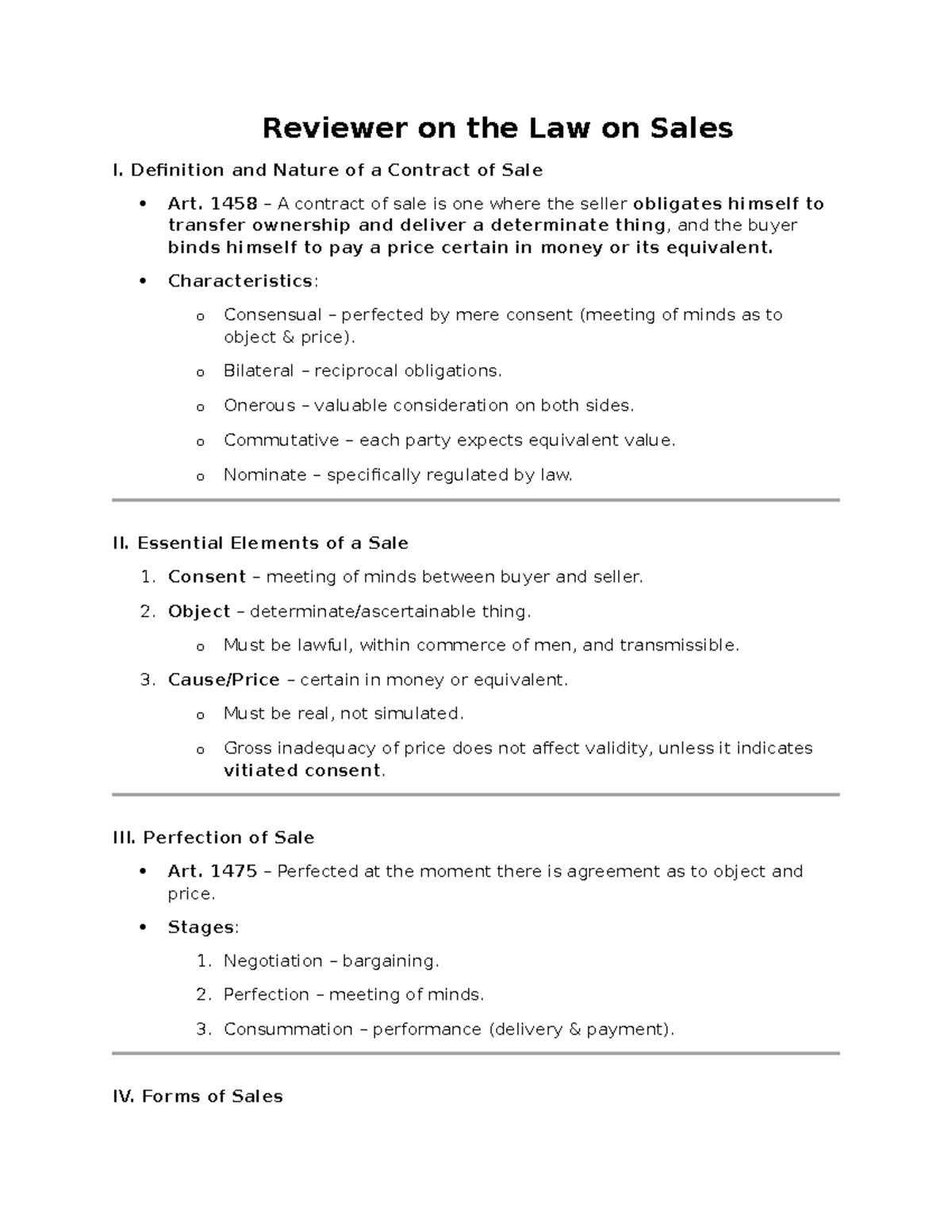 Law on Sales Reviewer: Contract Definition, Elements & Obligations ...