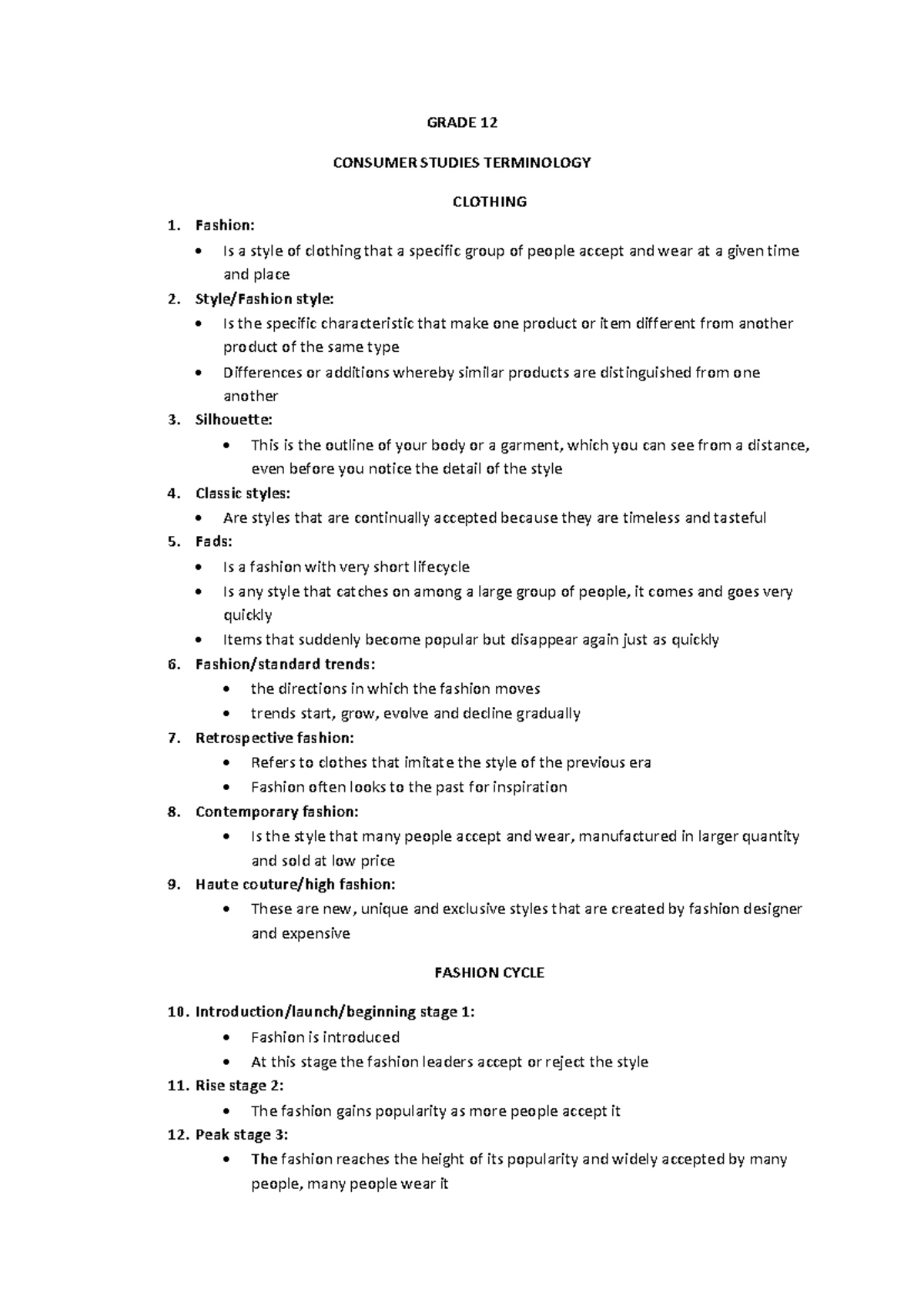 Grade 12 Consumer Studies: Clothing Terminology Overview - Studocu