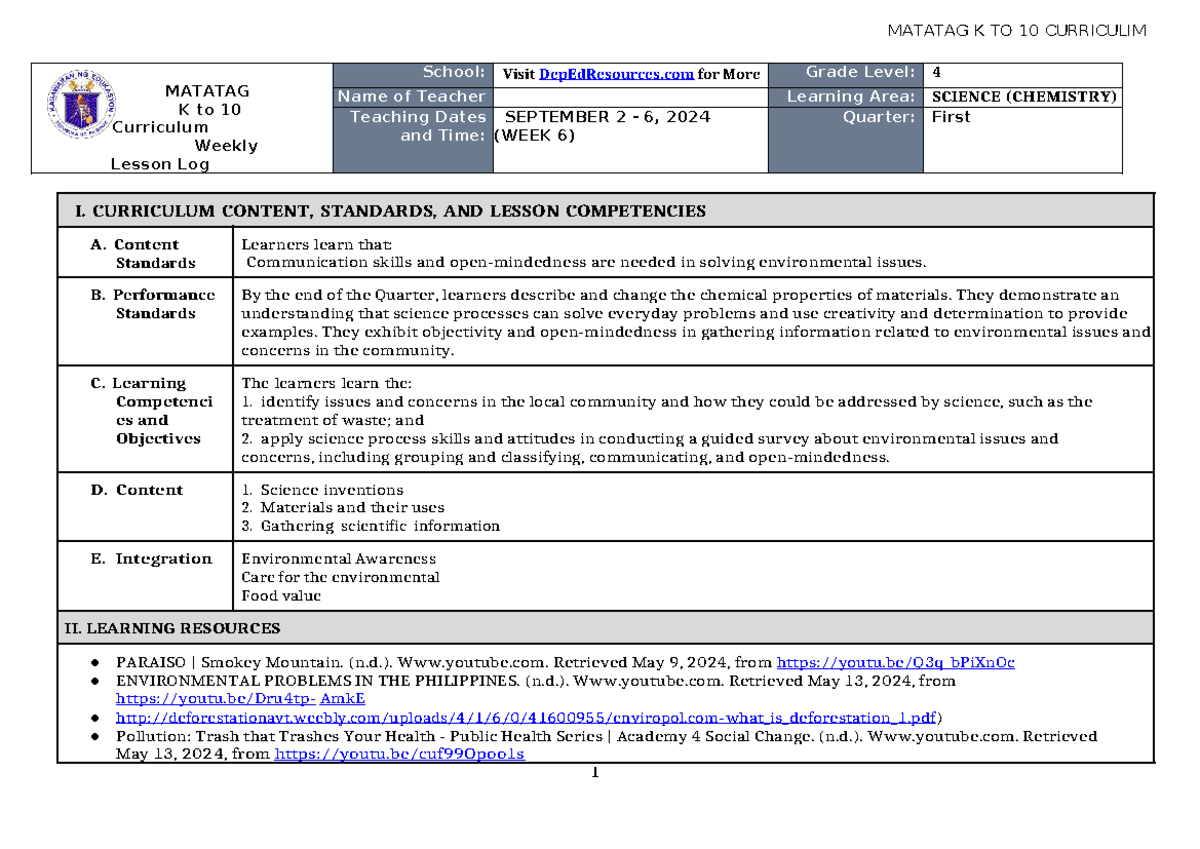 DLL Science-4-Q1 W6 - Weekly Lesson Plan on Environmental Issues - Studocu