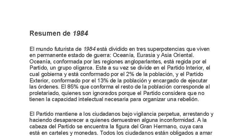 Resumen de 1984: Análisis y Personajes de la Novela de Orwell - Studocu