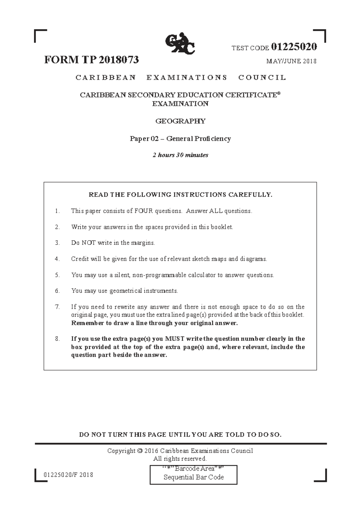 CSEC Geography Paper 02 Exam 2018 - General Proficiency - Studocu