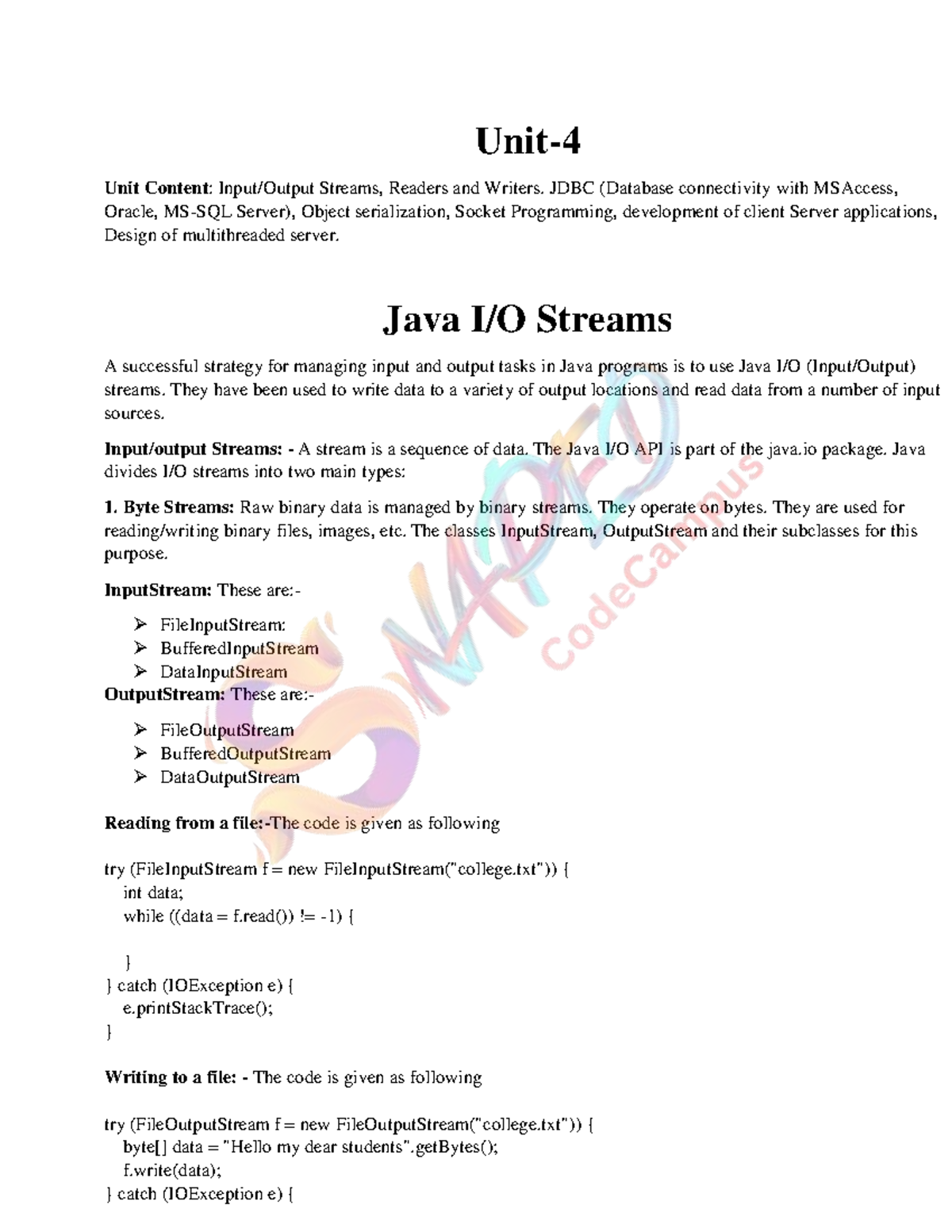 Unit 4 OOPs: Java Streams, JDBC, Socket Programming & Multithreading - Studocu