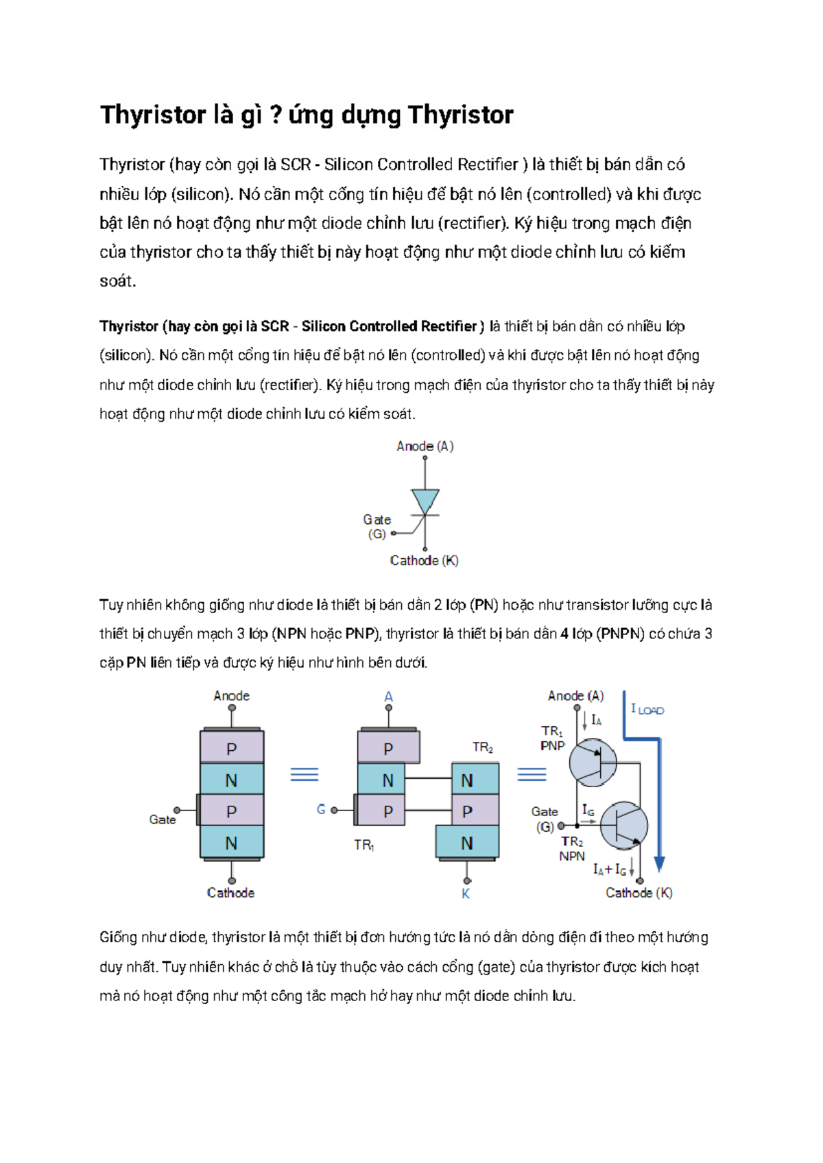 Tìm hiểu về Thyristor (SCR) và ứng dụng trong điện tử - Studocu