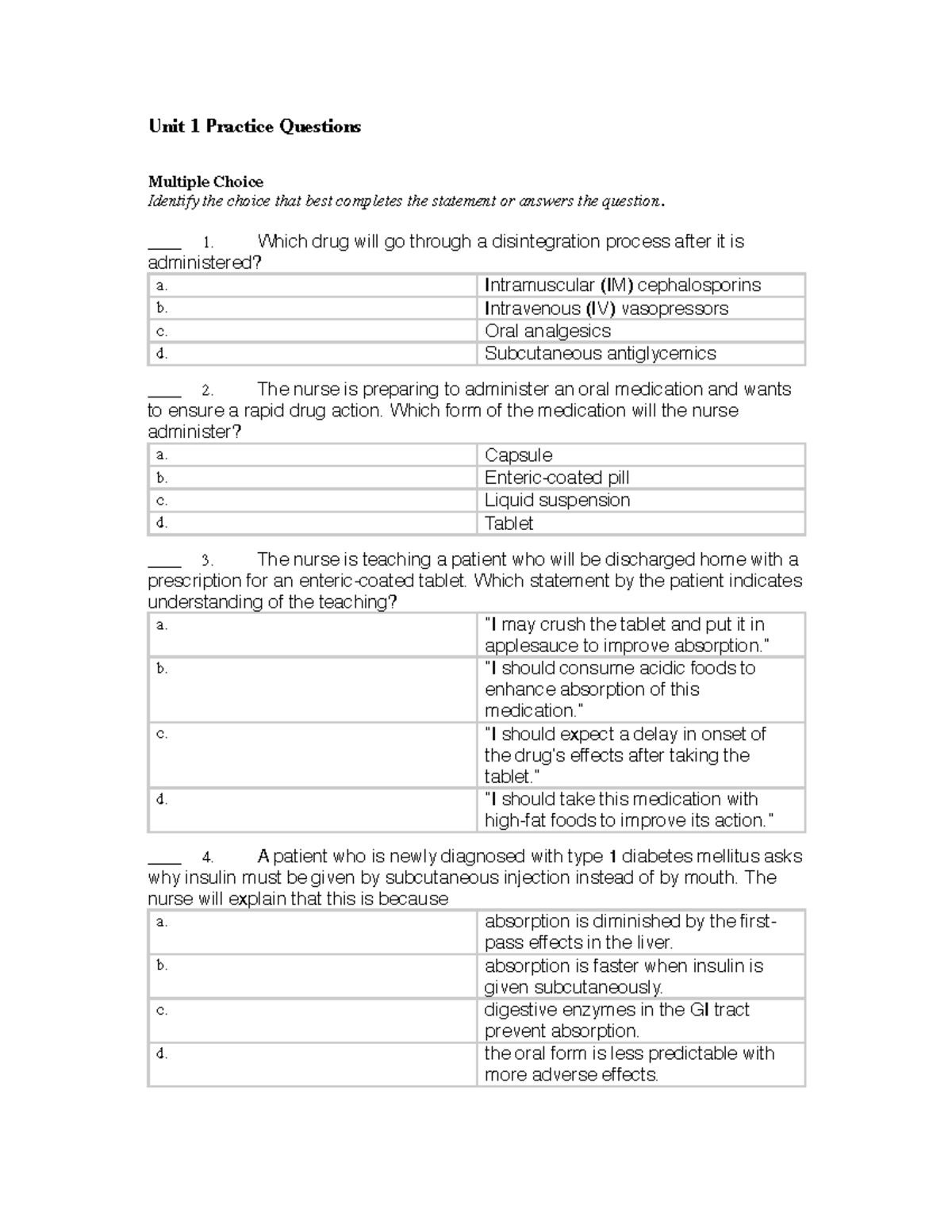 Medsurg NURS 101 - Unit 1 Exam 1 Practice Questions - Studocu
