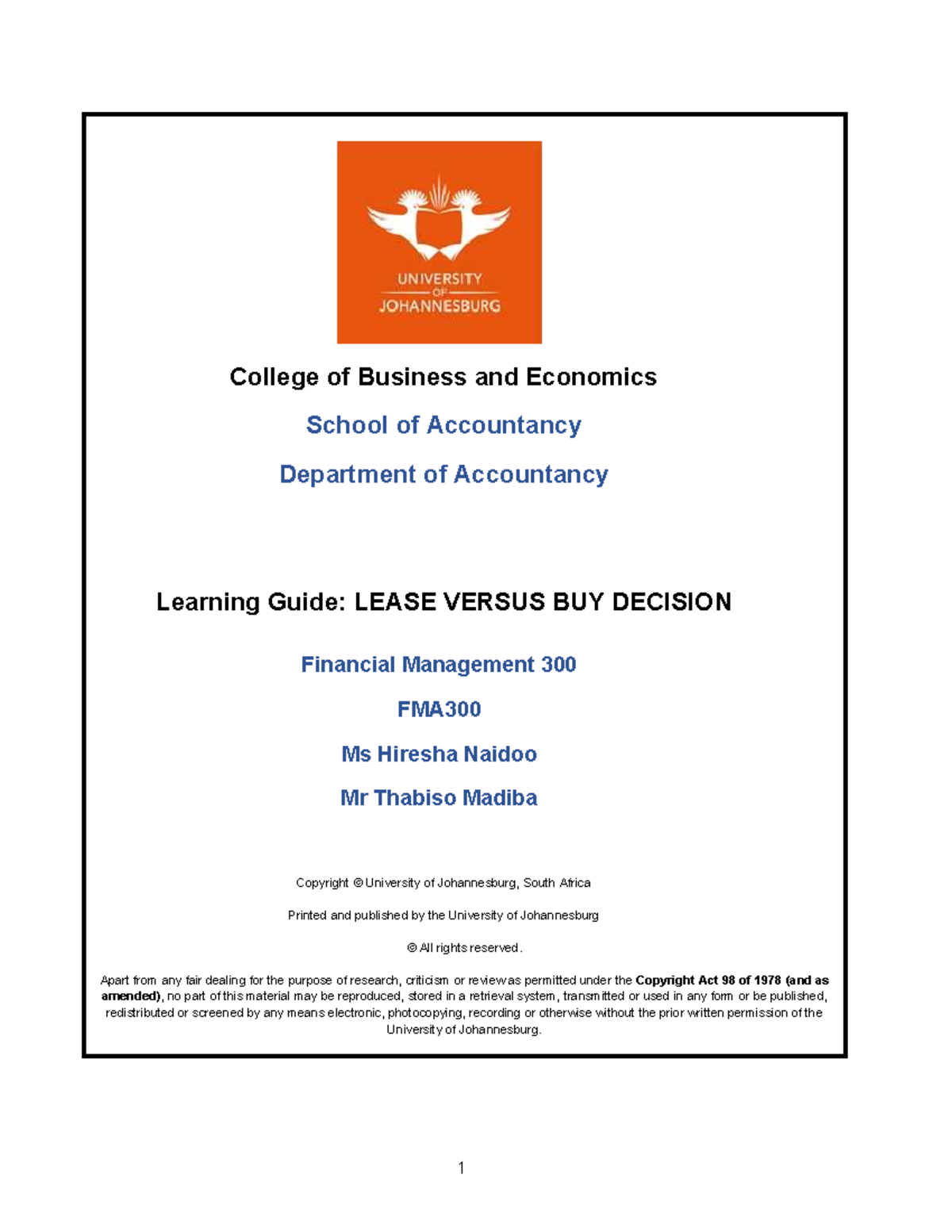 FMA300 Learning Guide: Lease vs Buy Decision Analysis - Studocu