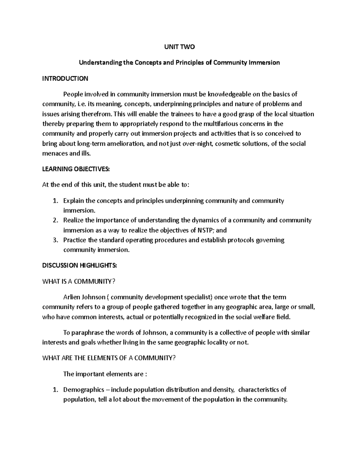 UNIT TWO Understanding the concepts and principles of Community ...