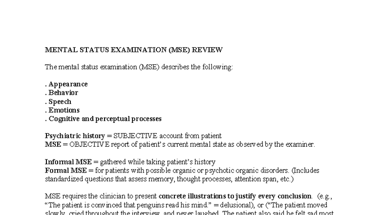 MSE Guide: Comprehensive Review of Mental Status Examination - Studocu
