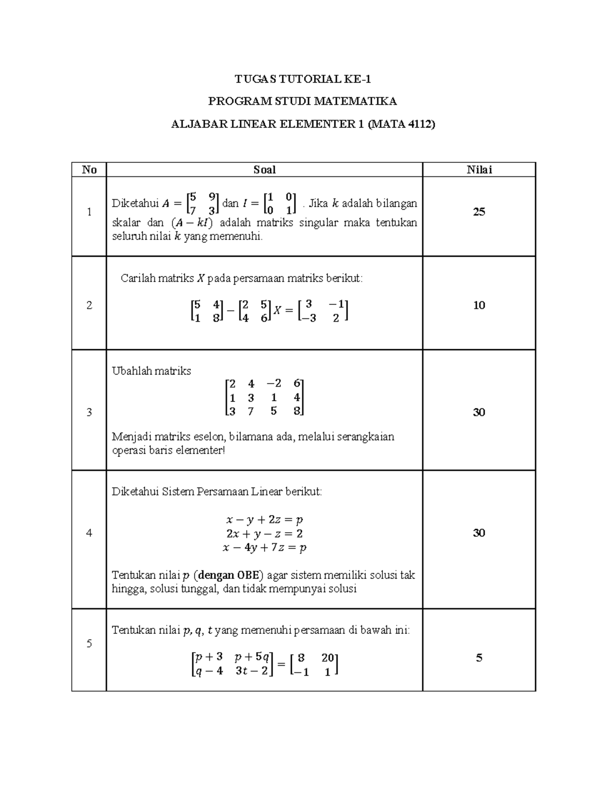 Tugas Tutorial 1 MATA4112 20251 - Aljabar Linear Elementer - Studocu
