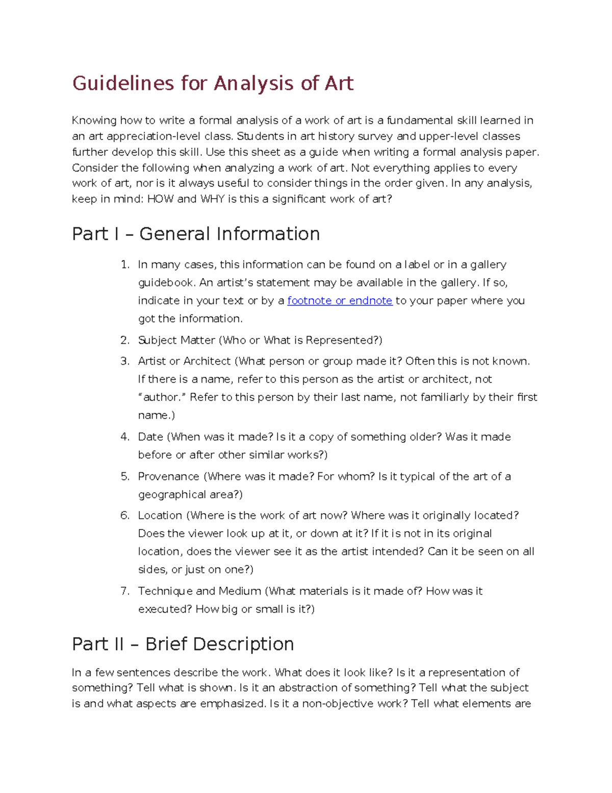 Guidelines for Writing a Formal Art Analysis - Studocu